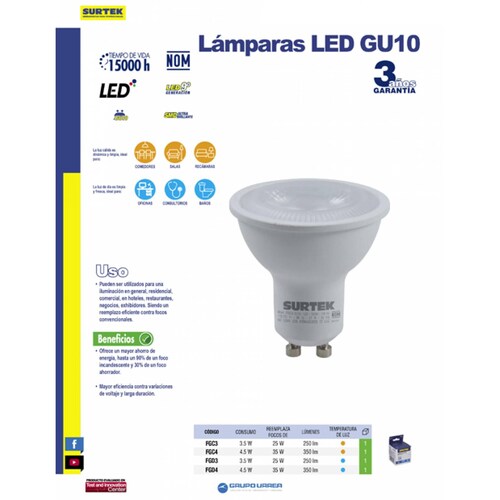 Foco Led Gu10 3.5 W Luz De Día Base Tipo Gu10 Surtek