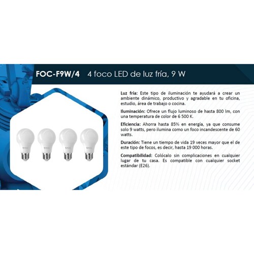 Paquete 4 Focos LED Luz Fría 9W 800lm 6500K E26 Steren