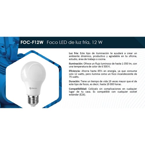 Foco LED Luz Fría 12W Flujo Luminoso 1050lm E26 Steren