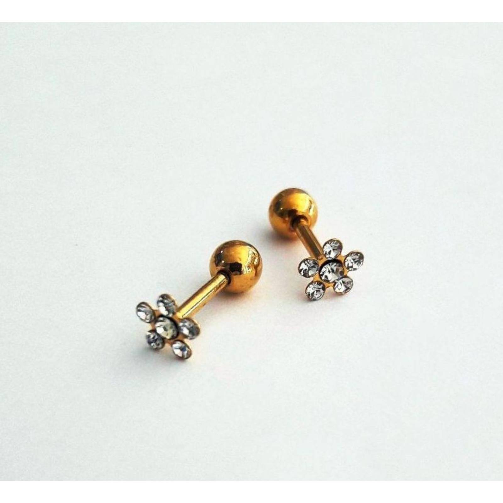 Aretes Broquel Dorado Flor P Bebe C Bolita Acero Quirurgico