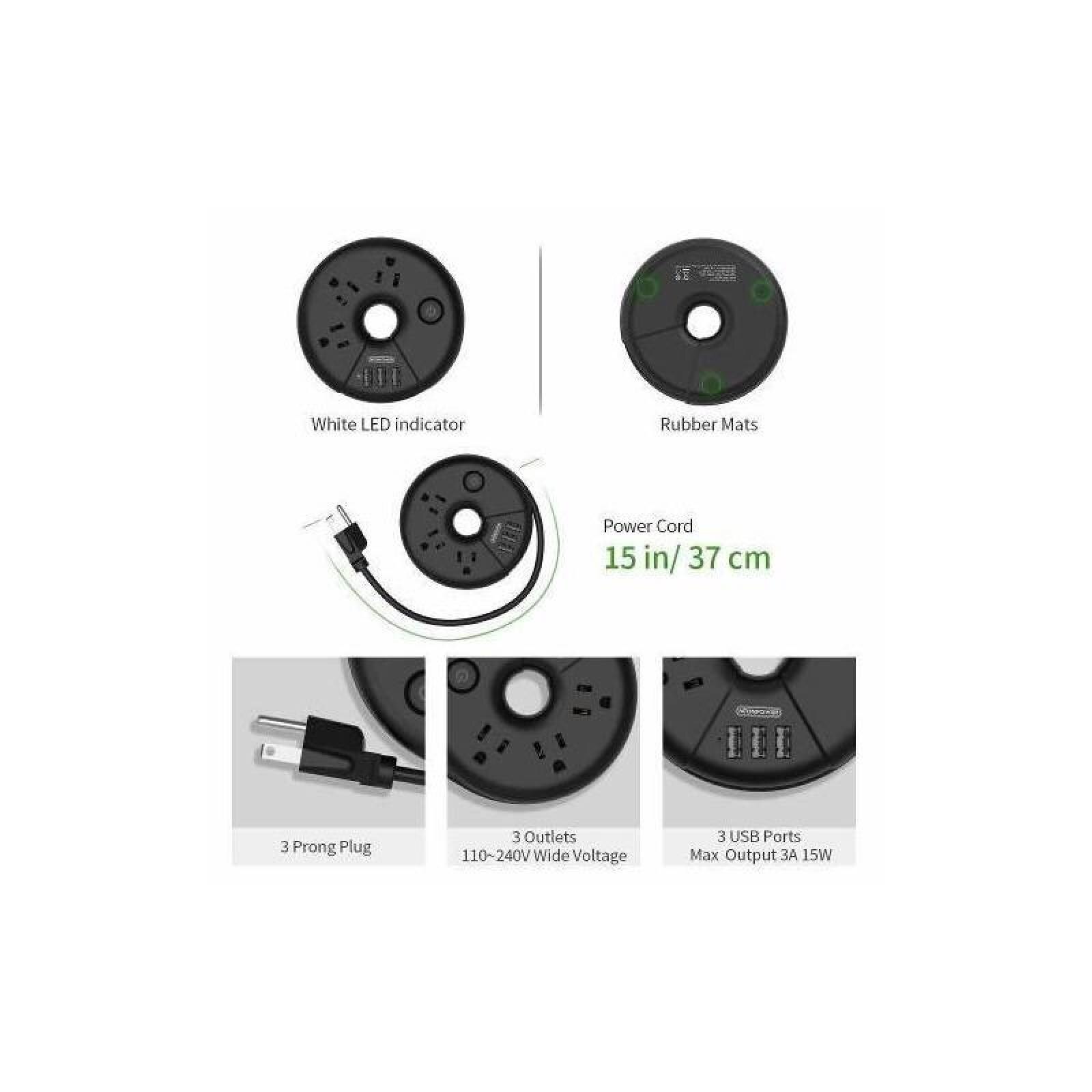 Multicontacto circular Electrico y USB 3 Port On Premium Negro