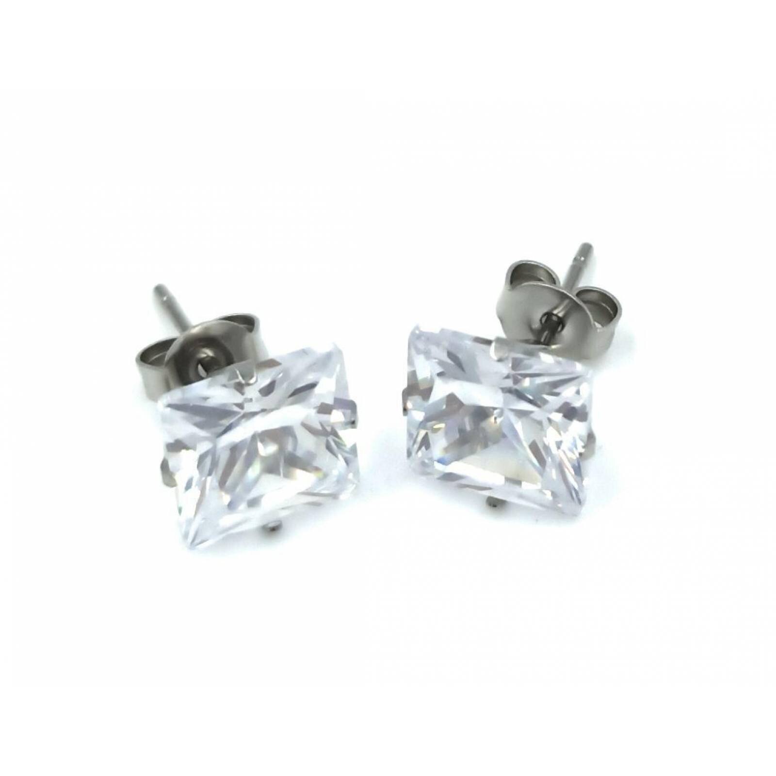 Aretes broquel Acero Plateado con zirconia Cuadrado