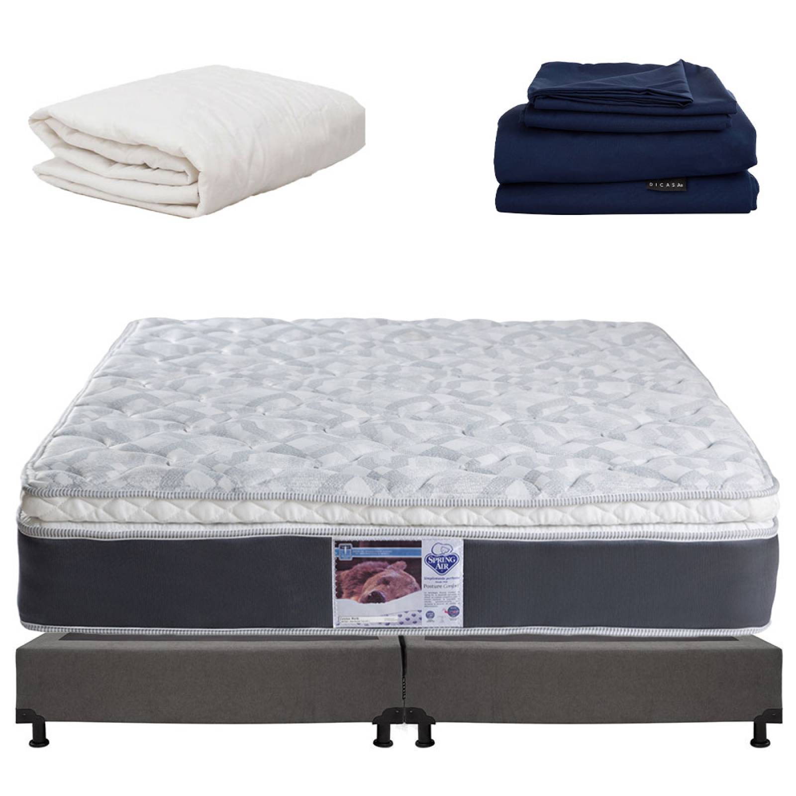 Colchón King Size Spring Air Marte con Box Gris, Sábanas Softy y Protector