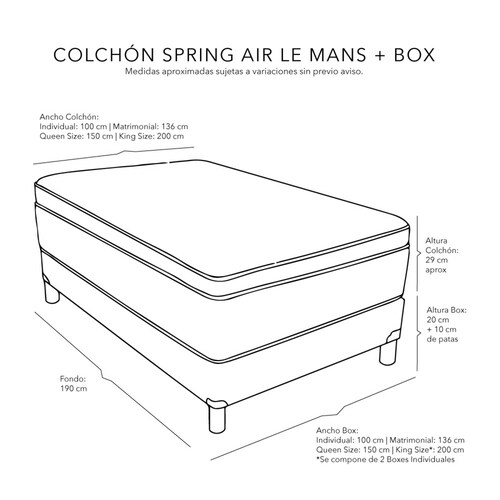 Colchon Matrimonial Spring Air LeMans Con Box Gris, Protector y Sabanas