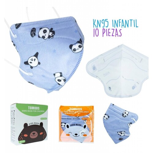Cubrebocas Kn95 Infantil Mascarillas Tomods 10pzs Diseños Panda Azul