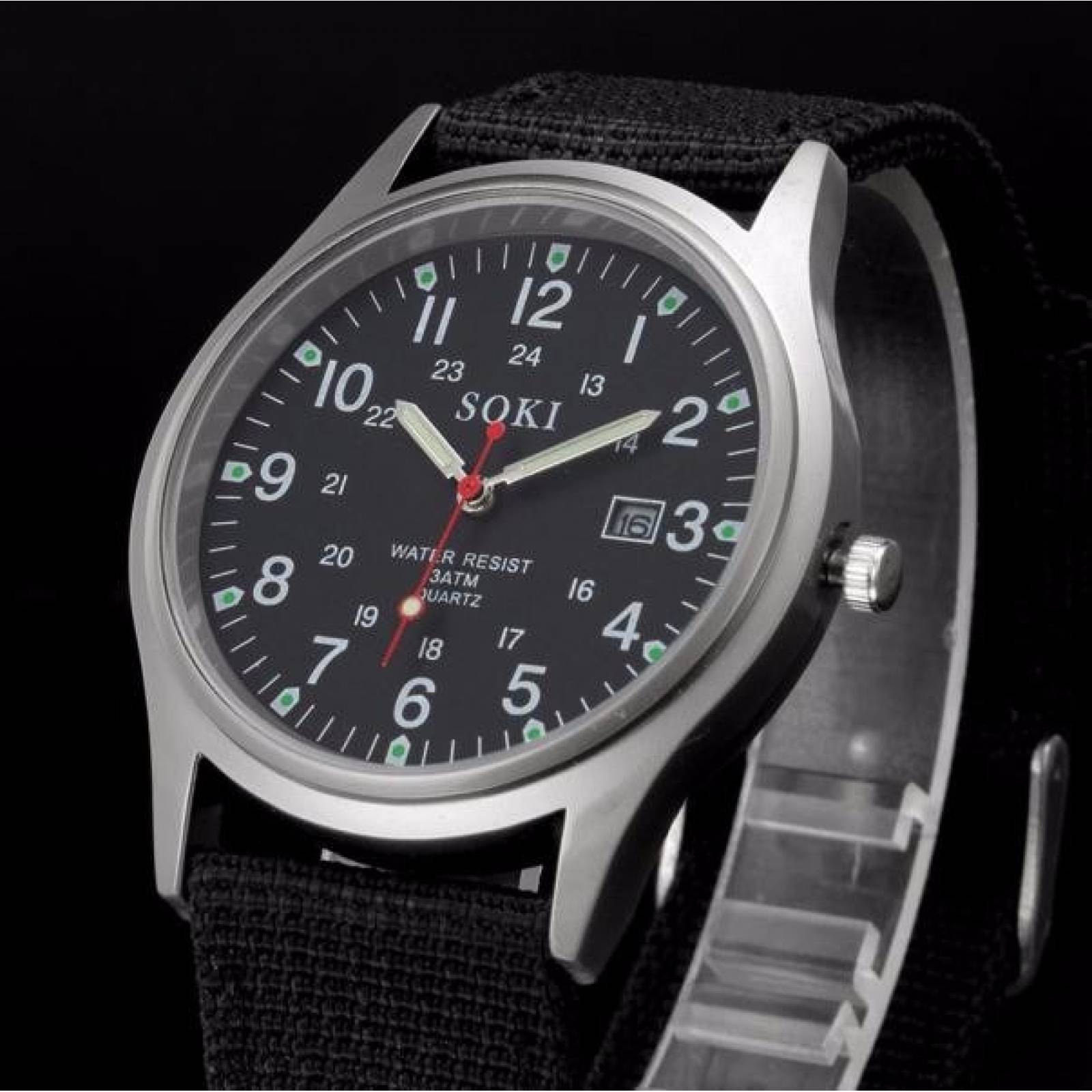 Reloj militar acero lona cuarzo marca soki color negro - Sears