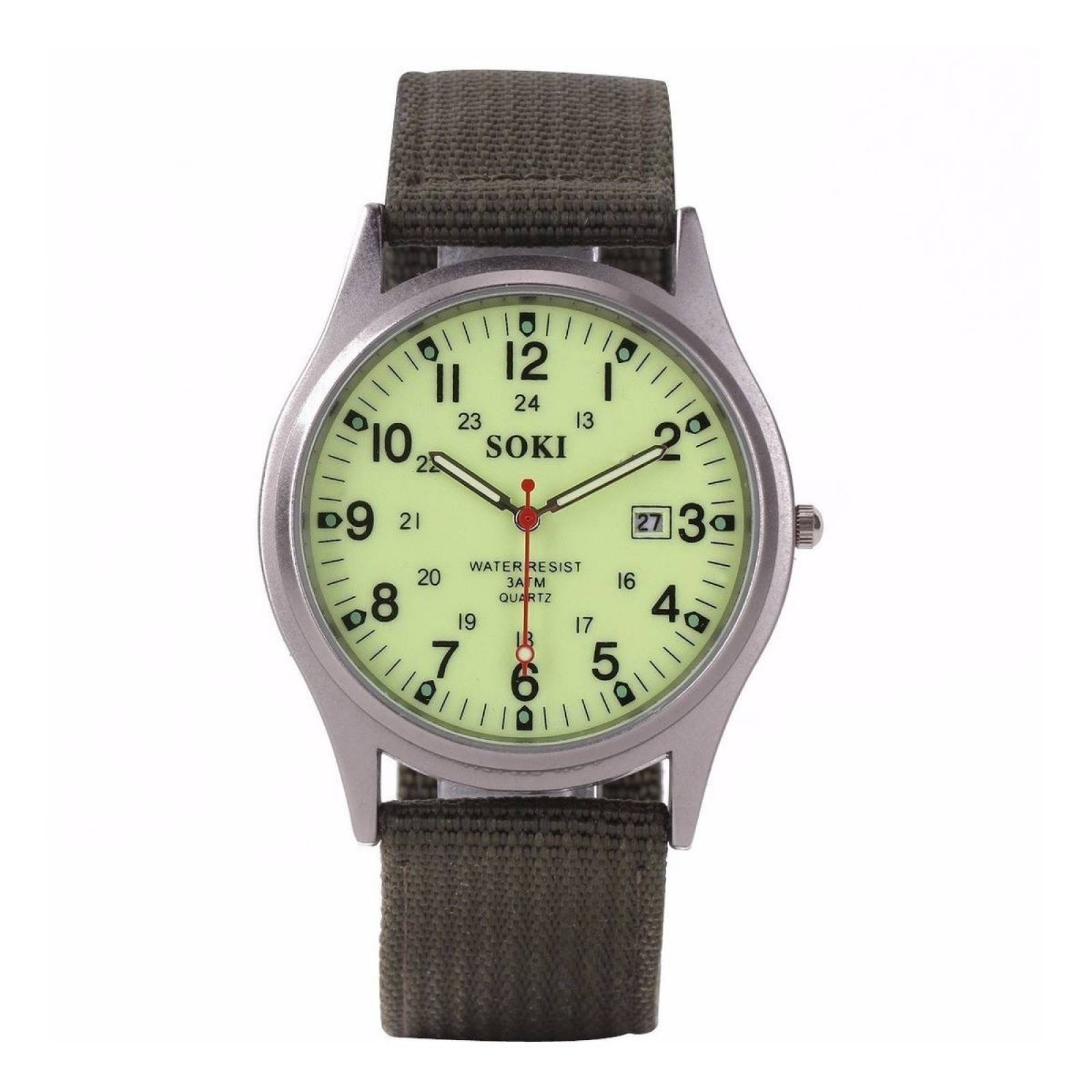 Reloj militar acero lona cuarzo marca soki verde luminoso - Sears