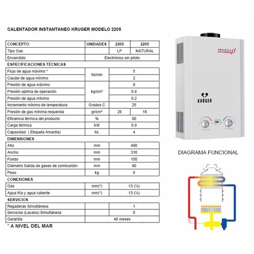 Calentador Boiler Instantáneo 5 Lts Gas LP Krüger