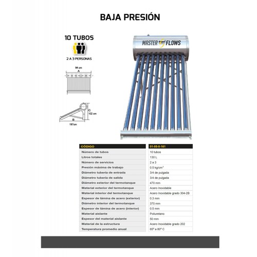 Calentador Solar MasterFlows 10 Tubos 130 Litros Baja Presión CALSOL-10