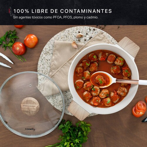 Cacerola Arrocera Antiadherente Con Tapa 28 cm Mármol Beige Cookify.