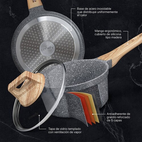 Olla Cacerola Antiadherente Con Tapa 16 cm de Mármol Gris Cookify.