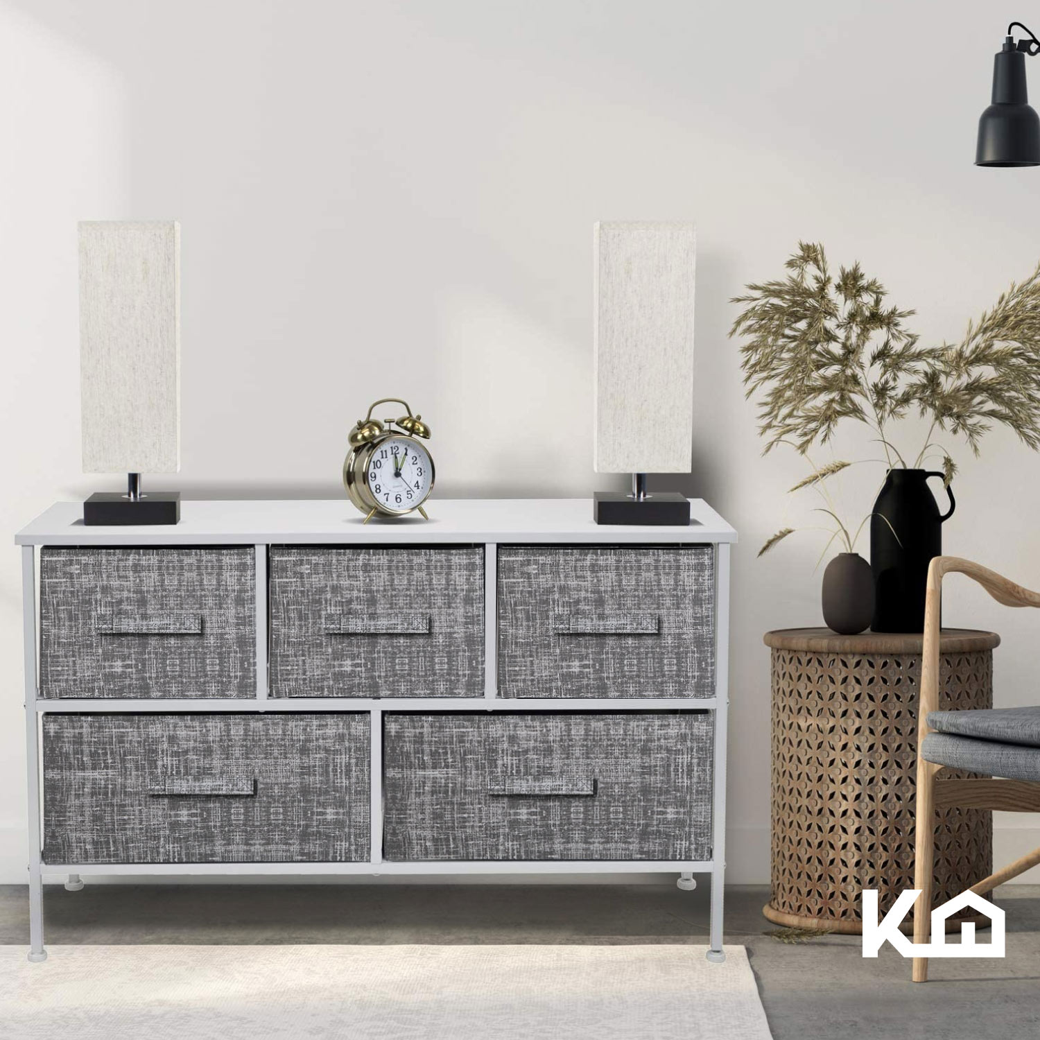 Comoda Cajonera de 5 Cajones Mueble Organizador Tela Madera Gris con ...