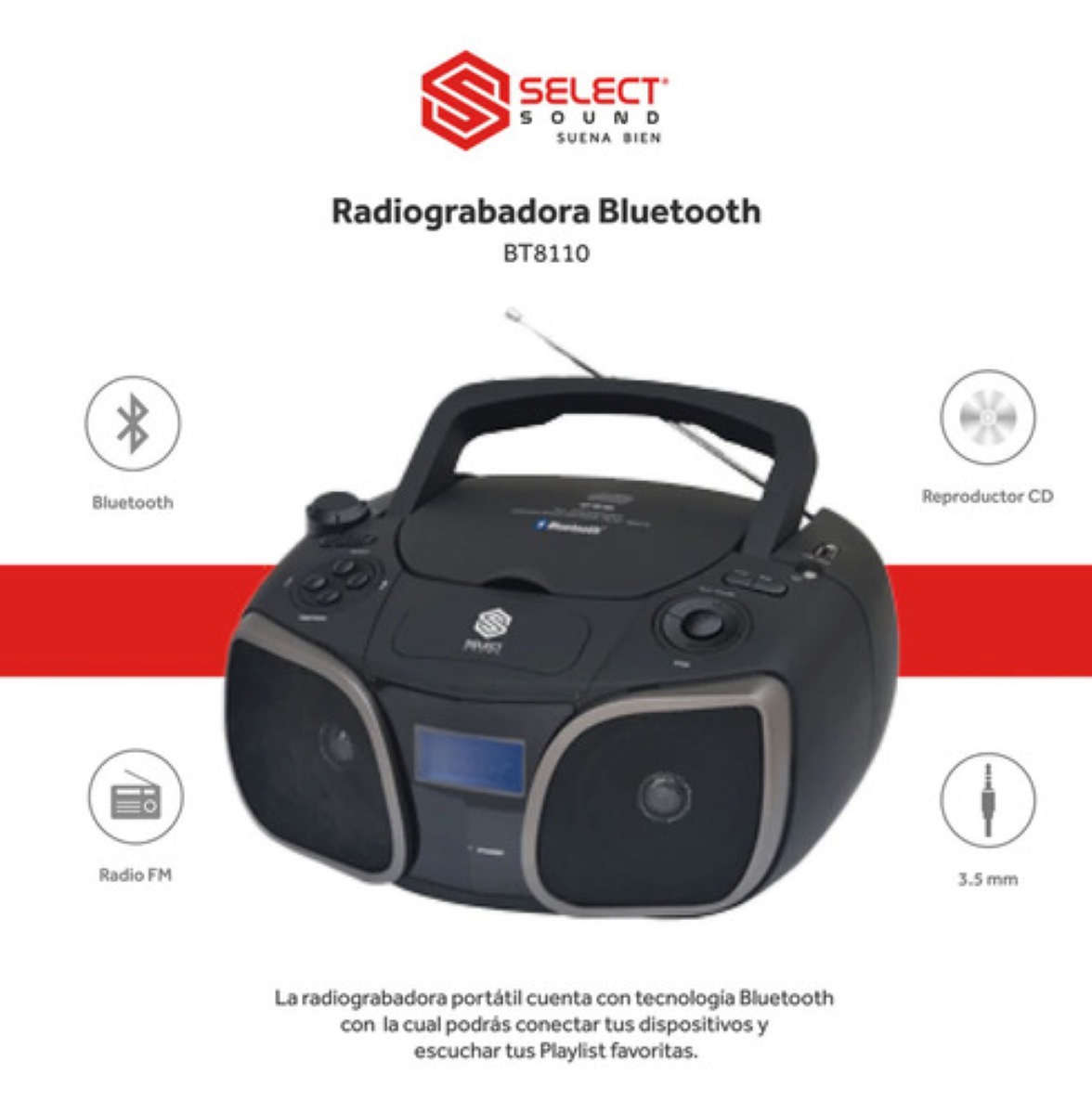 Radiograbadora Bluetooth Select Sound, Radio Fm, Entrada Usb negro.
