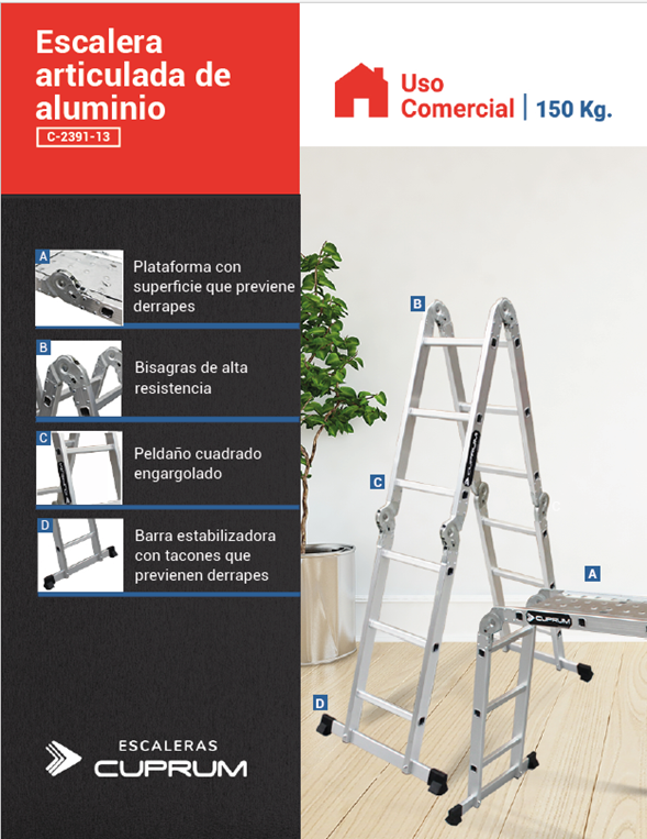 ESCALERA ARTICULADA DE ALUMINIO, 5 POCISIONES, MARCA CUPRUM C-2391-13.