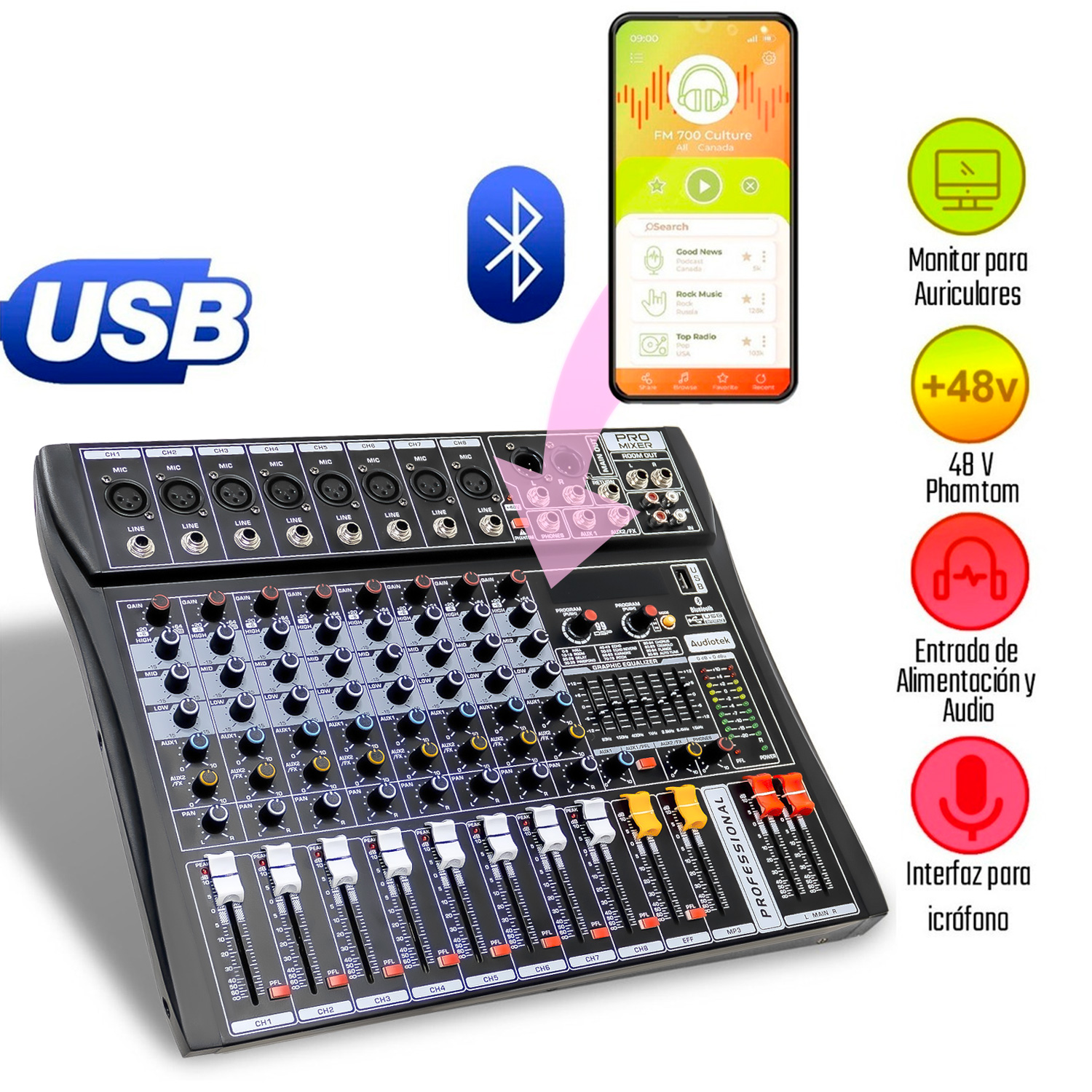 Mezcladora Amplificada Mixer Bluetooth 8 Canales 24 Efectos