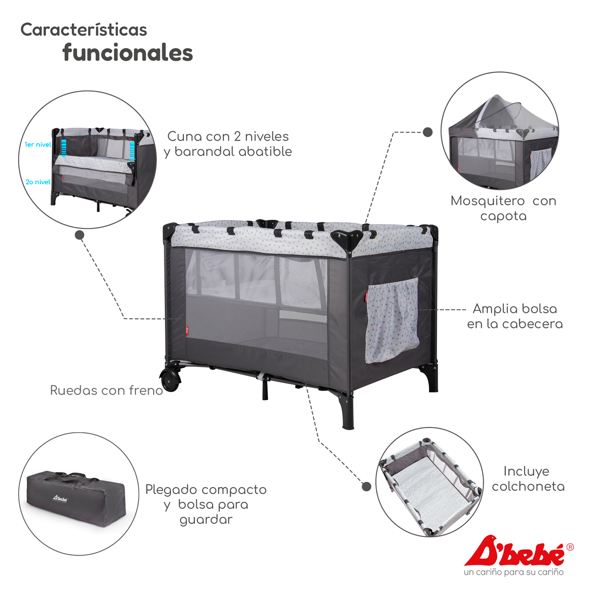 Cuna Corral Colecho D'bebé Love & Care Gris con Verde Menta.