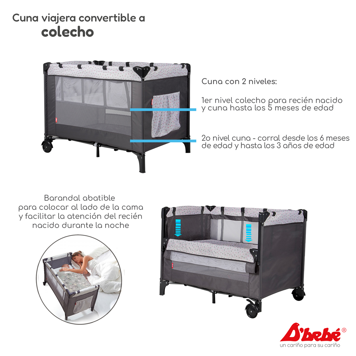 Cuna Corral Colecho D'bebé Love & Care Gris con Rosa.