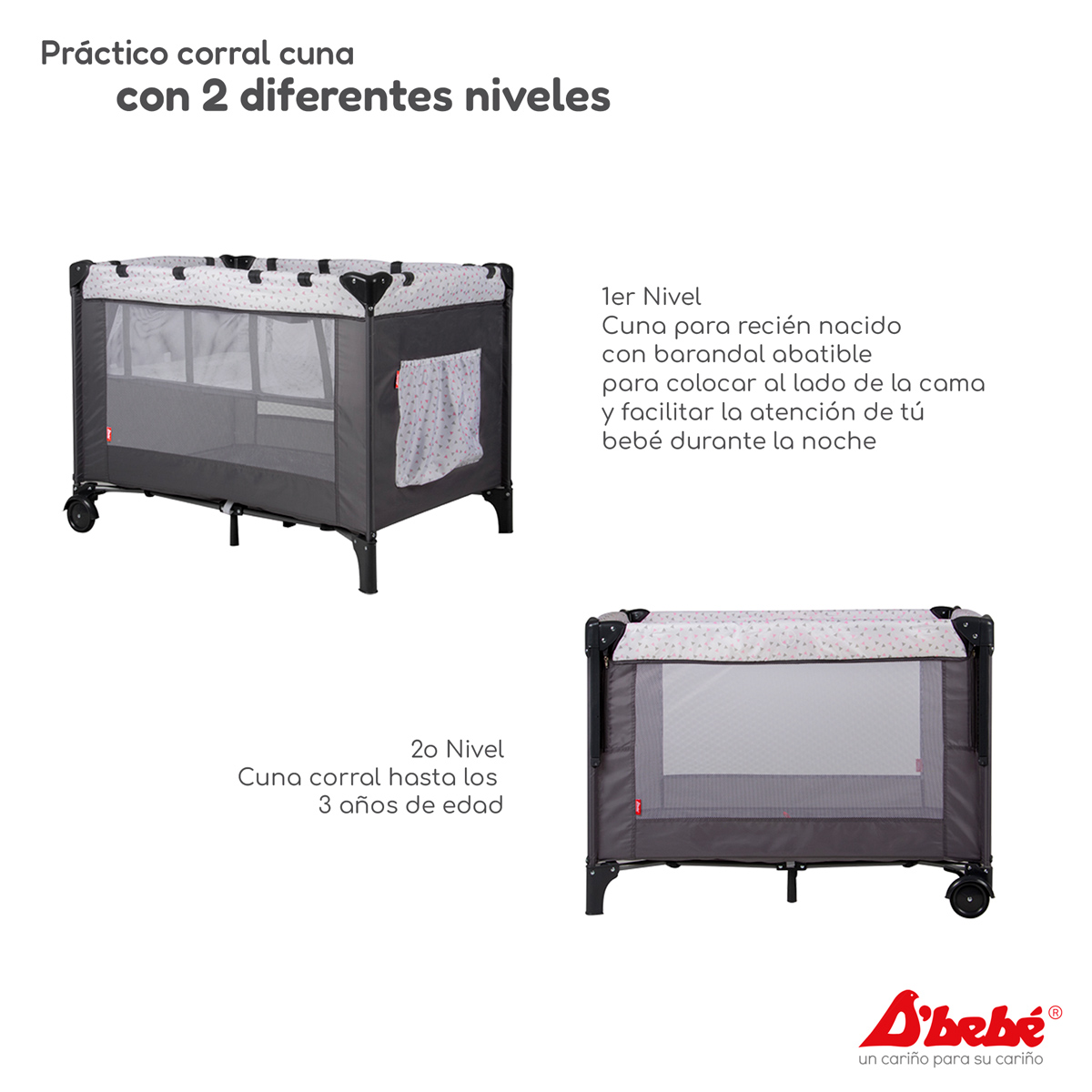 Cuna Corral Colecho D'bebé Love & Care Gris con Rosa.