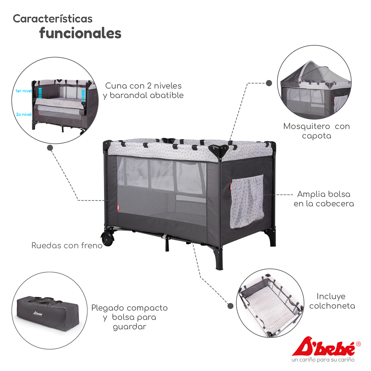 Cuna Corral Colecho D'bebé Love & Care Gris con Rosa.