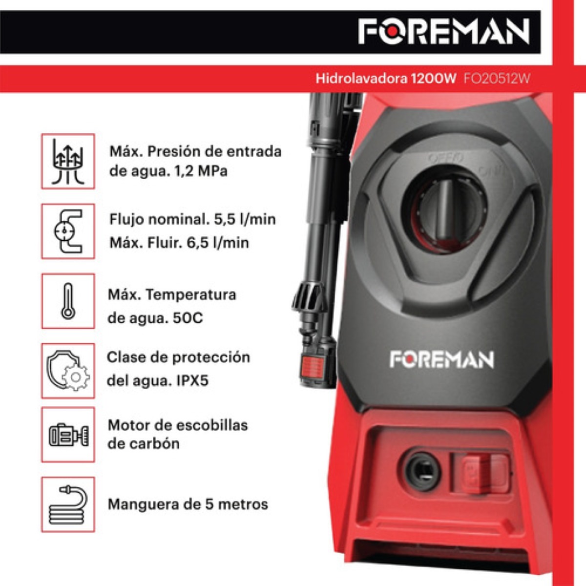 Hidrolavadora Eléctrica Alta Presión 1200w 1300 Psi ROJO/NEGRO