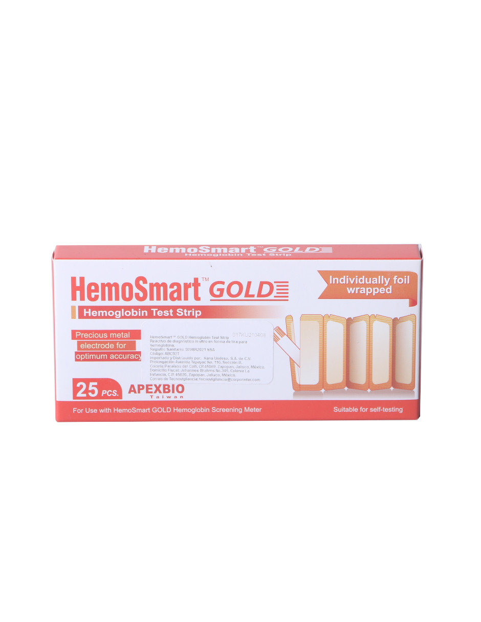 Caja con 25 Tiras Reactivas Para Medidor de Hemoglobina HemoSmart GOLD ...