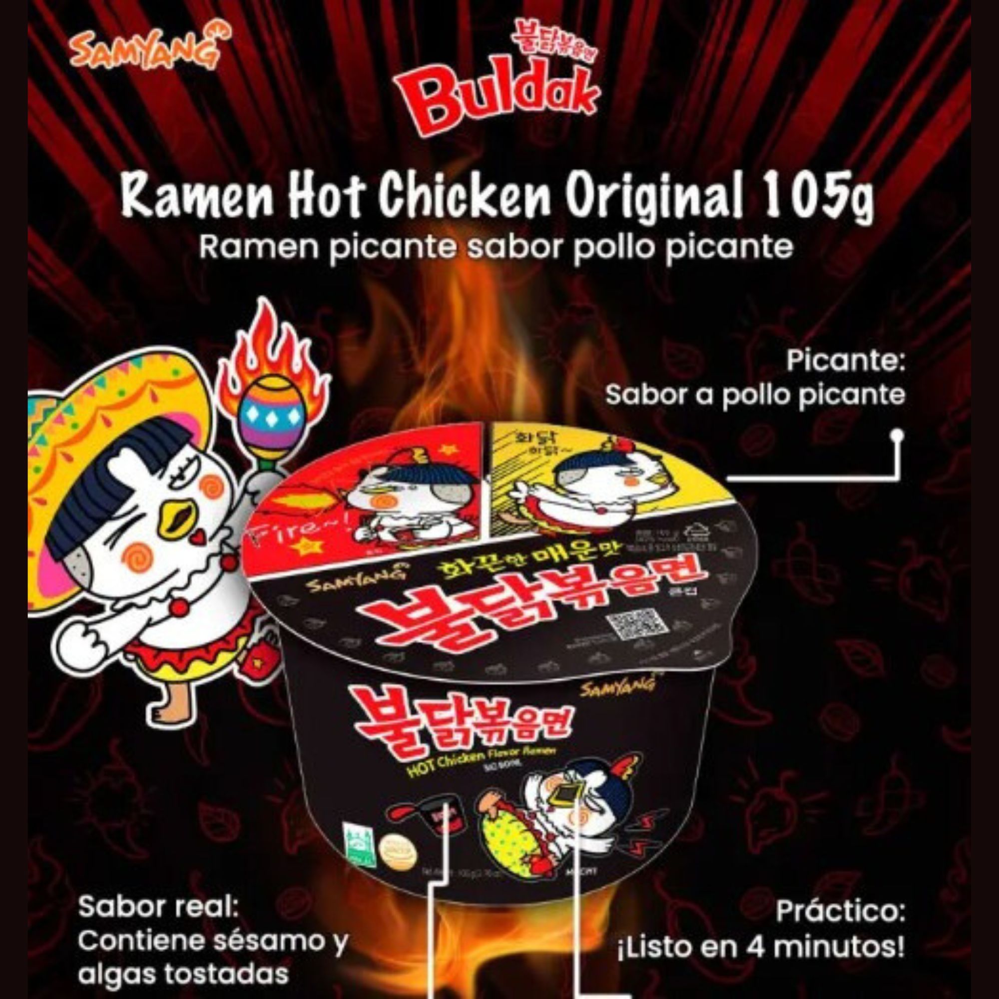 Sopa Instantánea Ramen Coreana Buldak Big Bowl Sabor Original de 10 Piezas