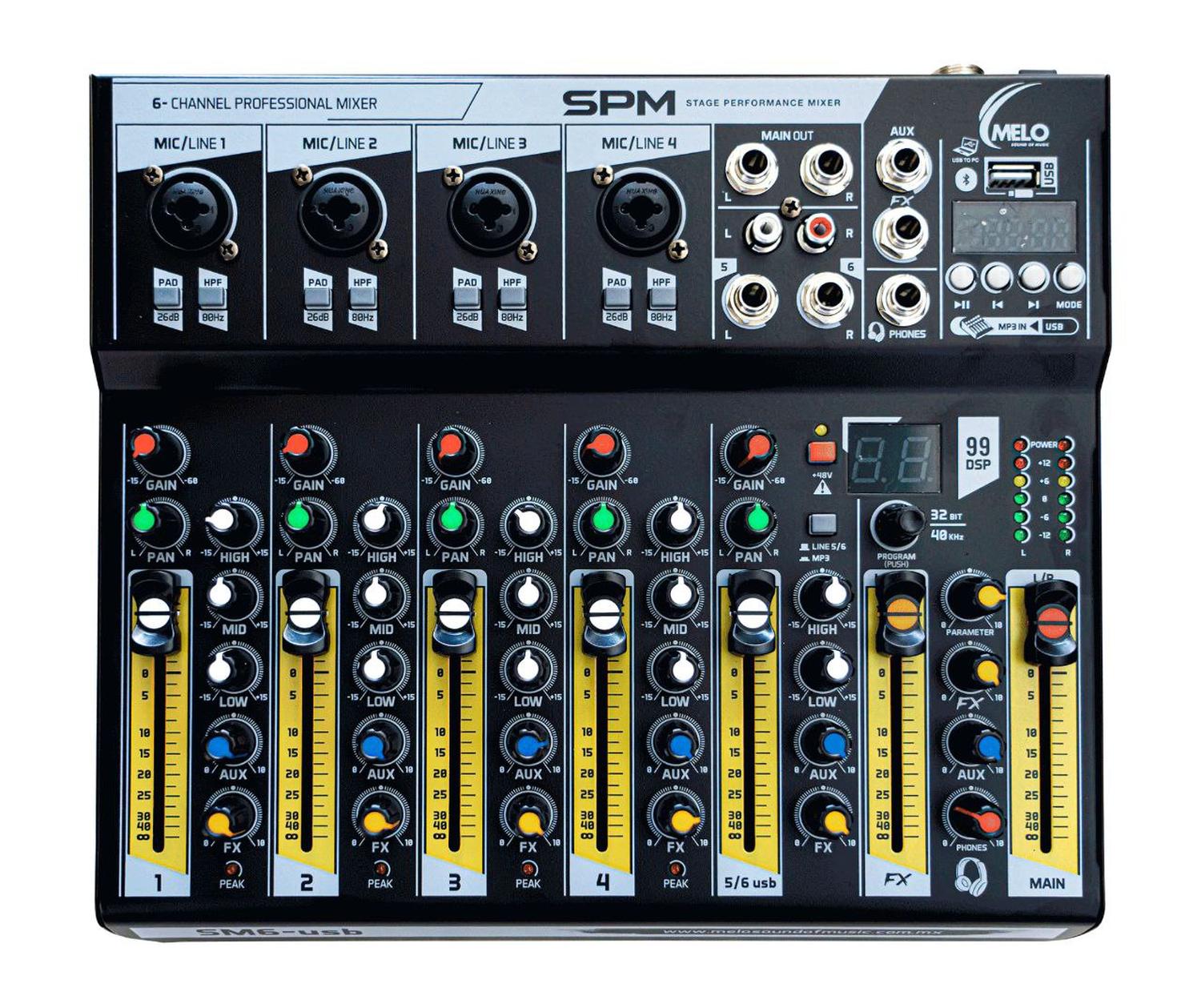Mezcladora Sm6usb Melo 4 canales 1 estereo c/ efectos, Usb y Bluetooth.