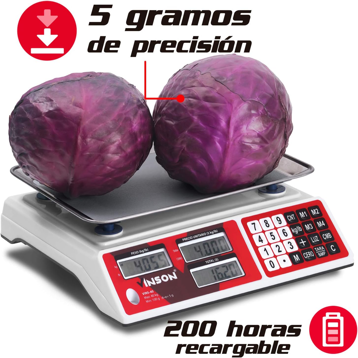 Báscula Digital Comercial, 40 kg / 5 g, Función TARA, Conteo de Piezas ...