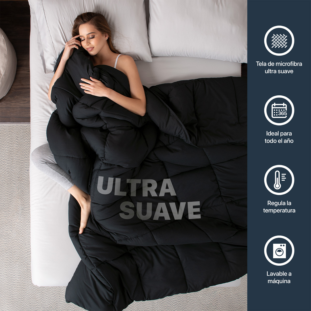 Edredón Acolchado Duvet Queen Size Hipoalergénico Negro ESQUIMAL.