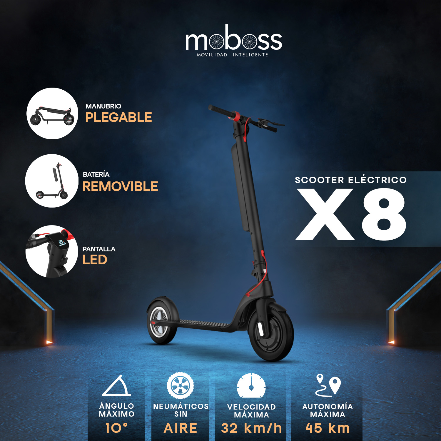 Scooter Eléctrico Plegable con Batería Extraíble Moboss X8 32km/h Negro