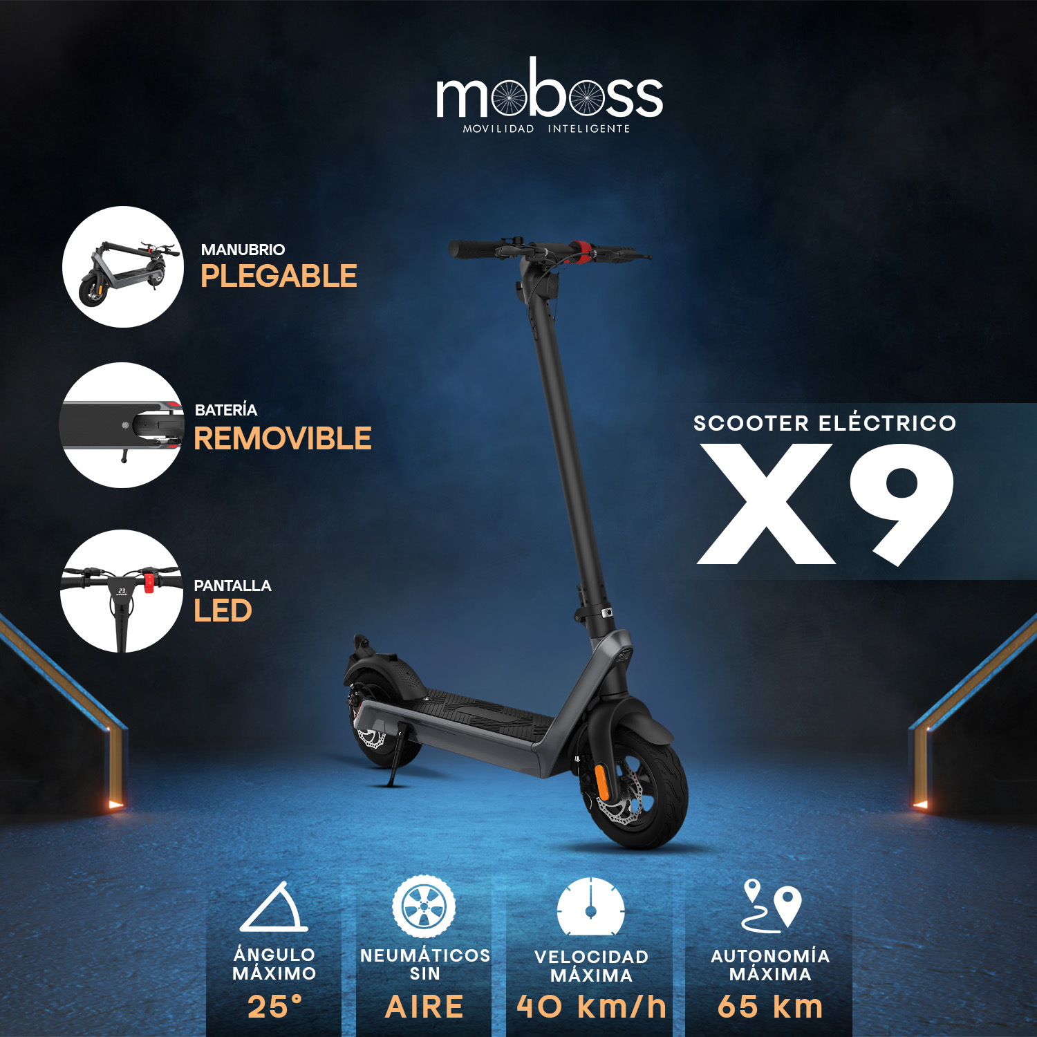 Scooter Eléctrico Plegable Moboss X9 Plus 40km/h Negro