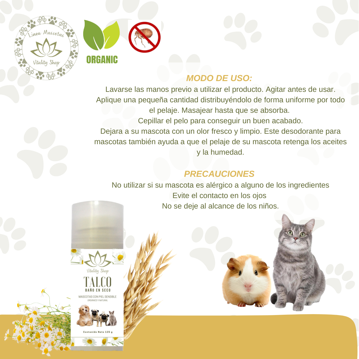 Talco baño en seco piel sensible organico natural anti pulgas 125g