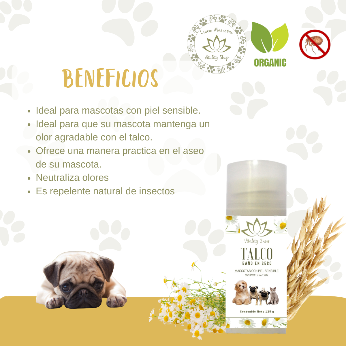 Talco baño en seco piel sensible organico natural anti pulgas 125g