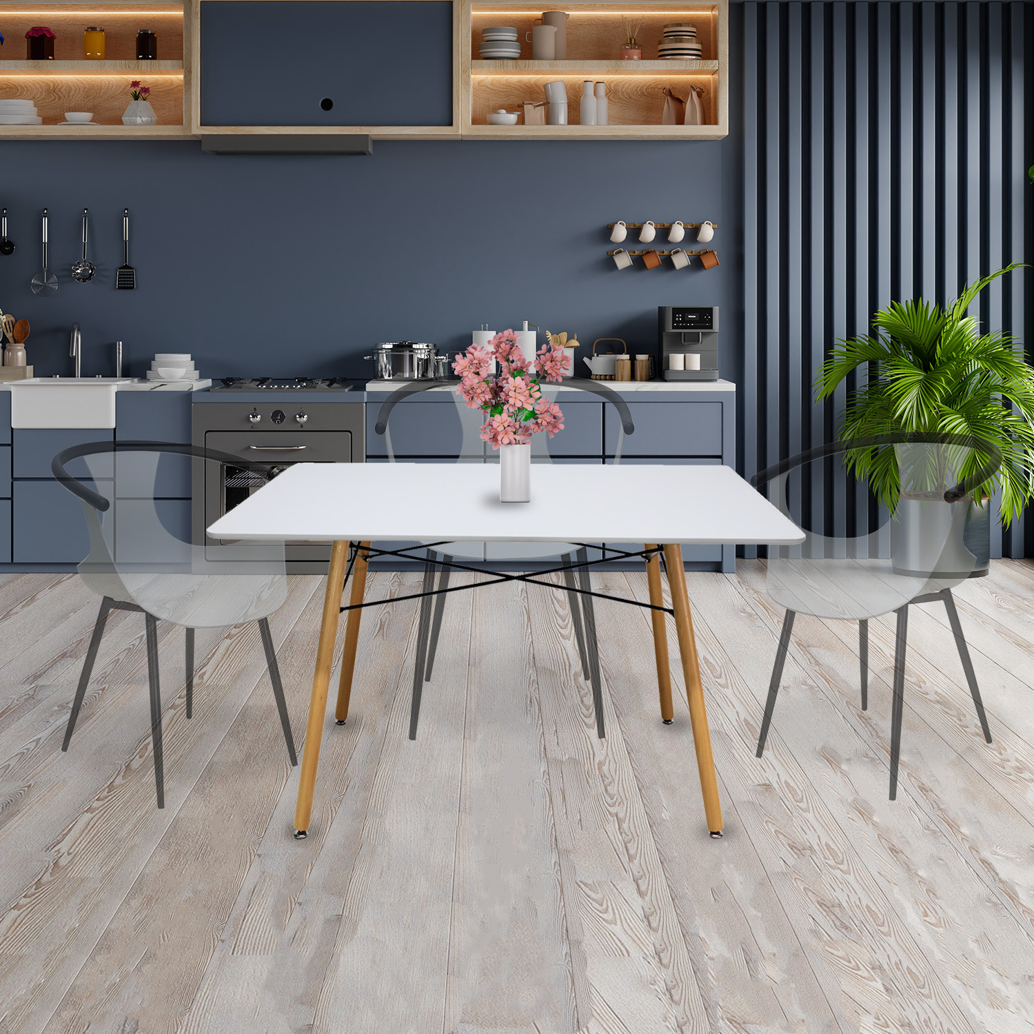 Set Comedor Oslo Melamina 120cm Blanco 4 sillas Eames Negro Mundo In.