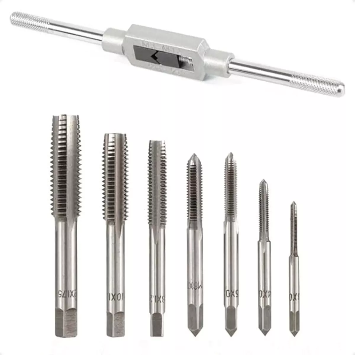 Kit De Machuelos Con Maneral Broca Tipo Matraca Ajustable Plata