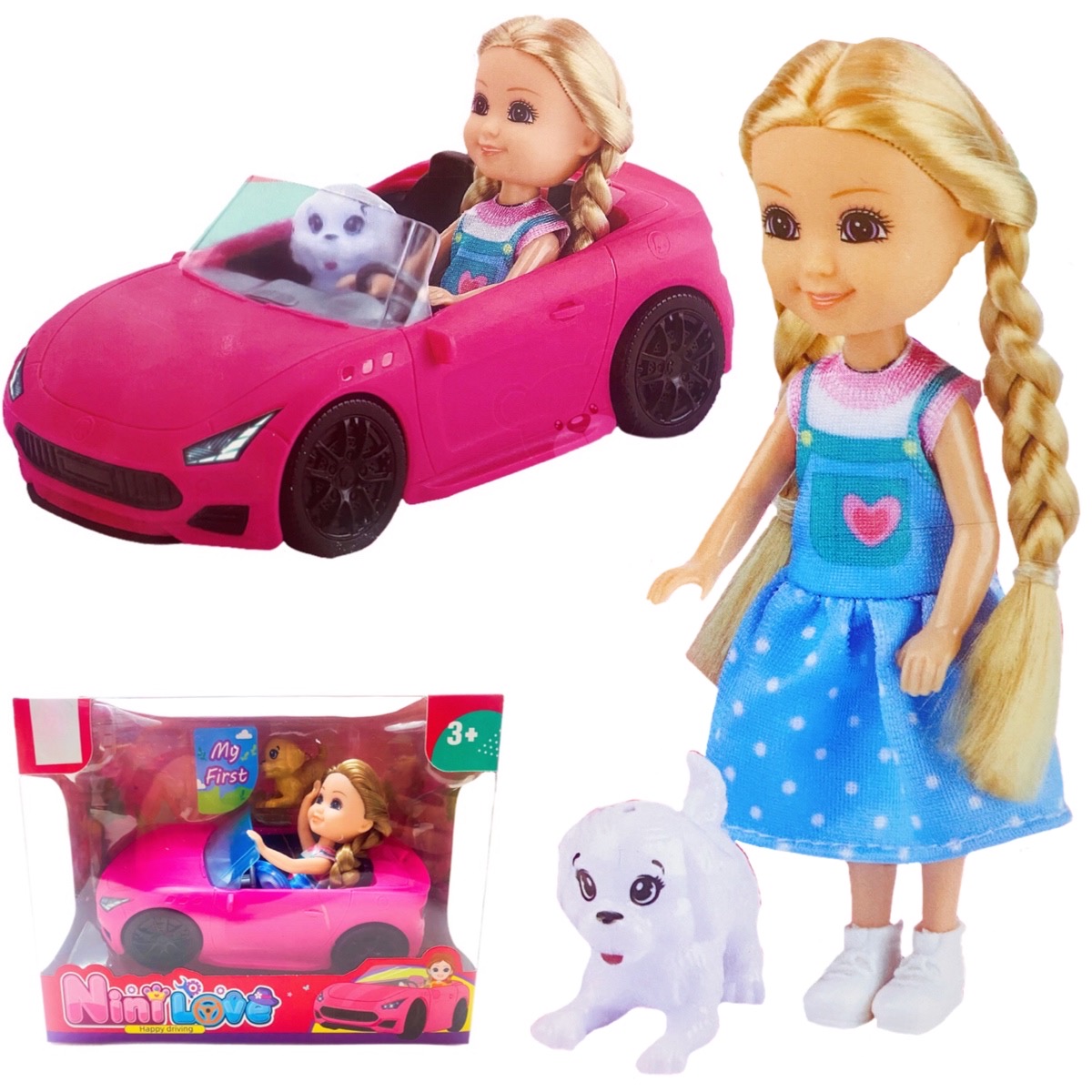 Muñeca Con Carro Deportivo Automovil Y Mascota Mini Love.