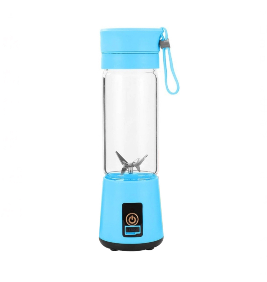 Licuadora portátil Mini 380 mL con USB celeste y vaso de plástico.