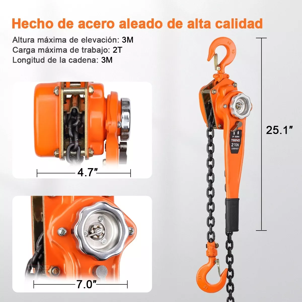 Polipasto De Palanca Para 2 Toneladas 3 Metros Mango Con Gom.