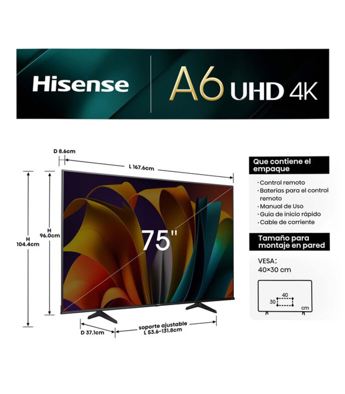 Pantalla Hisense 75 pulgadas 4K Ultra HD Smart TV LED 75A6NV.