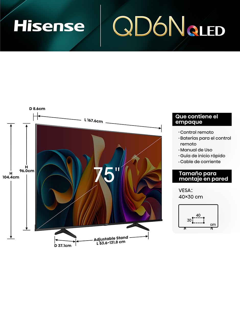 Pantalla Hisense QLED de 75" 4K UHD 75QD6N con Google TV.