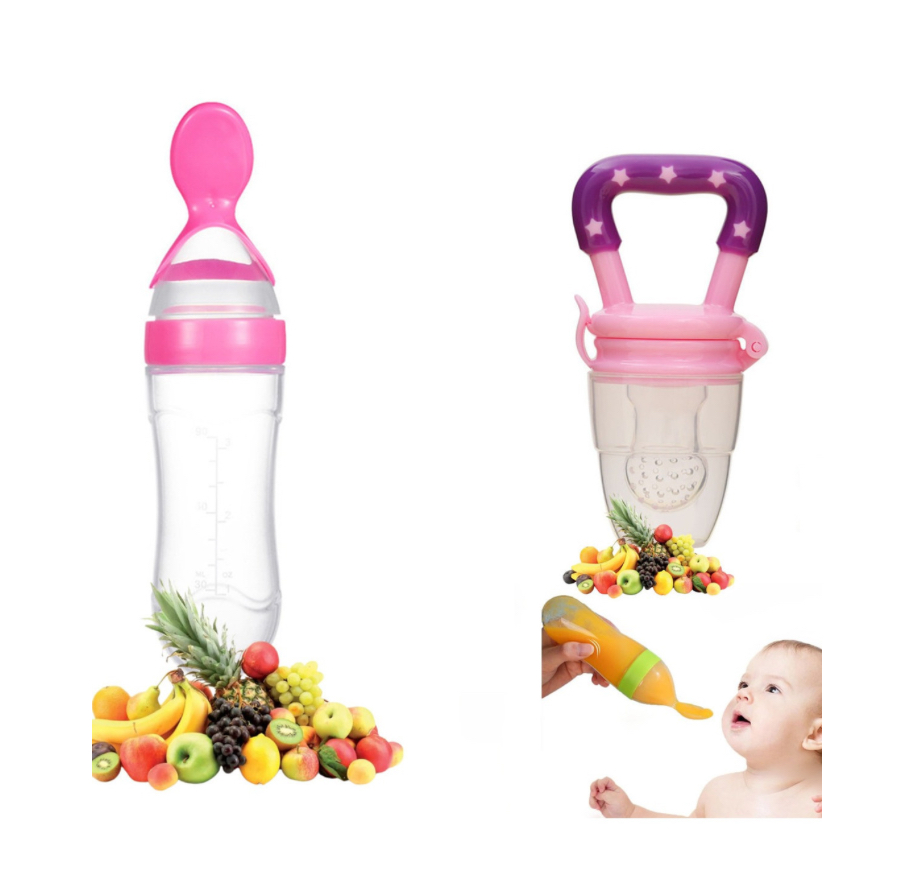 Chupón Alimentador Fruta Y Biberón Cuchara Para Papilla Bebe rosa.