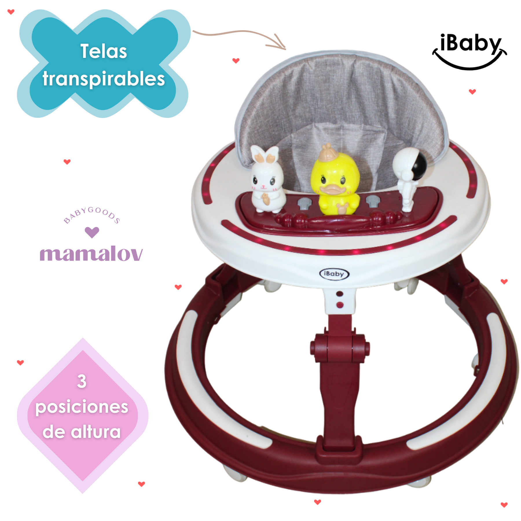 Andadera Para Bebé 3 En 1 Musical Con Luces Ibaby - Tinto