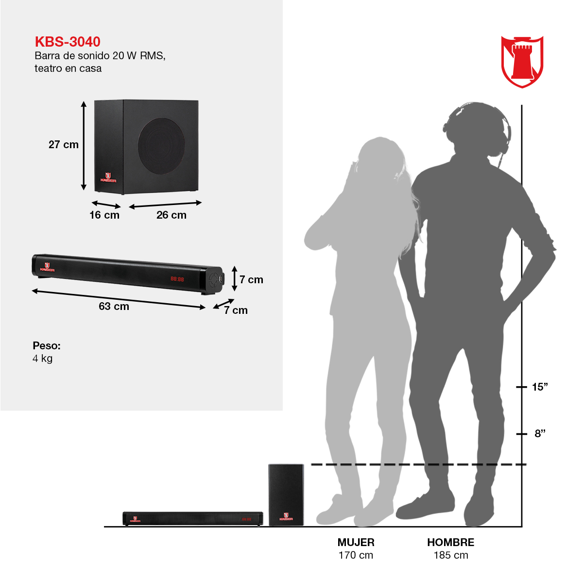 Barra De Sonido Kaiser 20 W Rms Teatro En Casa KBS-3040.