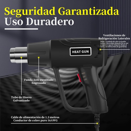 Pistola De Calor De 2000w Temperatura Regulable 10 Boquillas negro.
