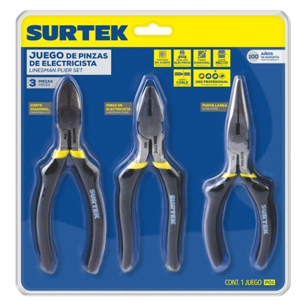 Juego de 3 pinzas para electricista 6" y 8" Surtek