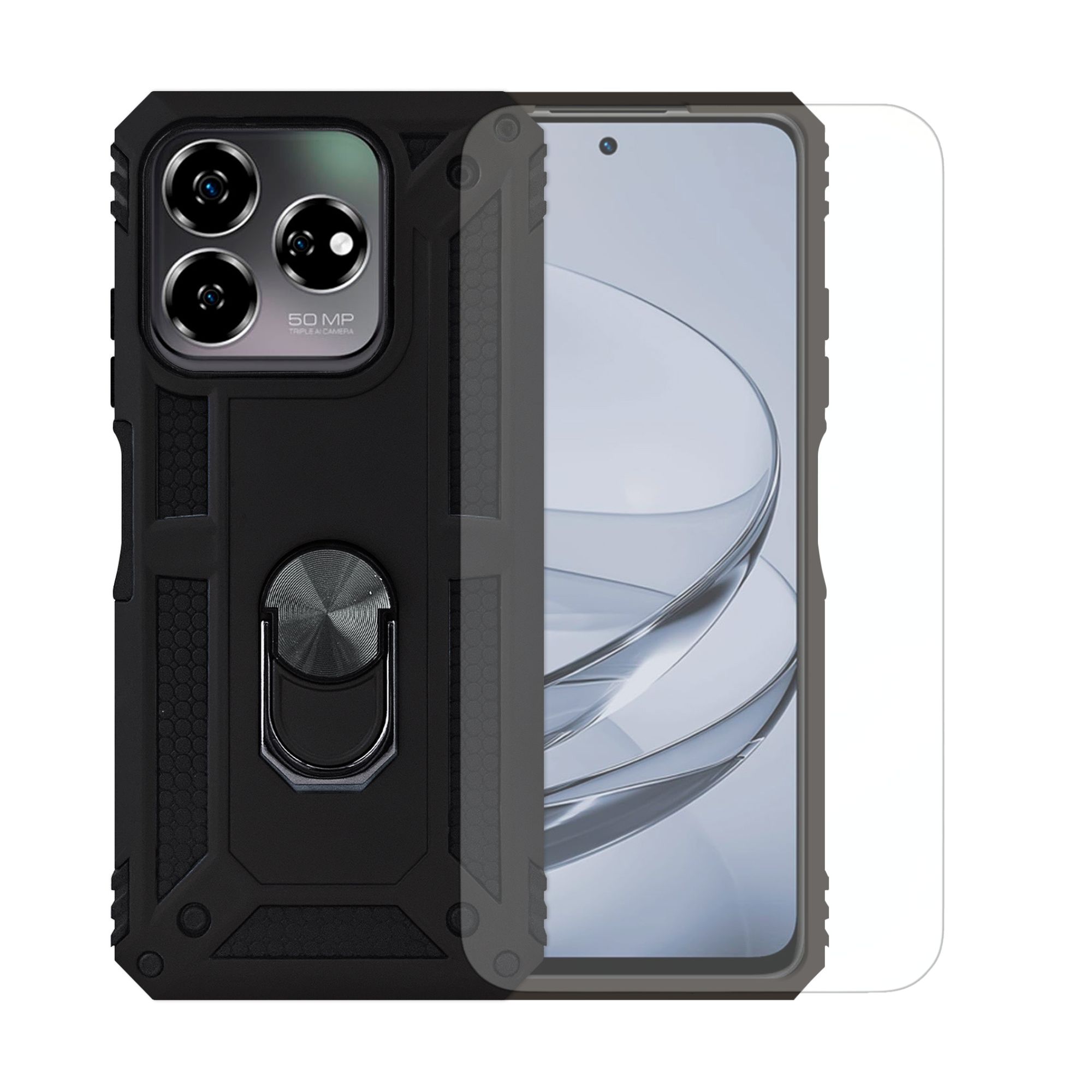 Funda Con Anillo Soporte Uso Rudo Para Axon 60 4G Negro + Mica HD