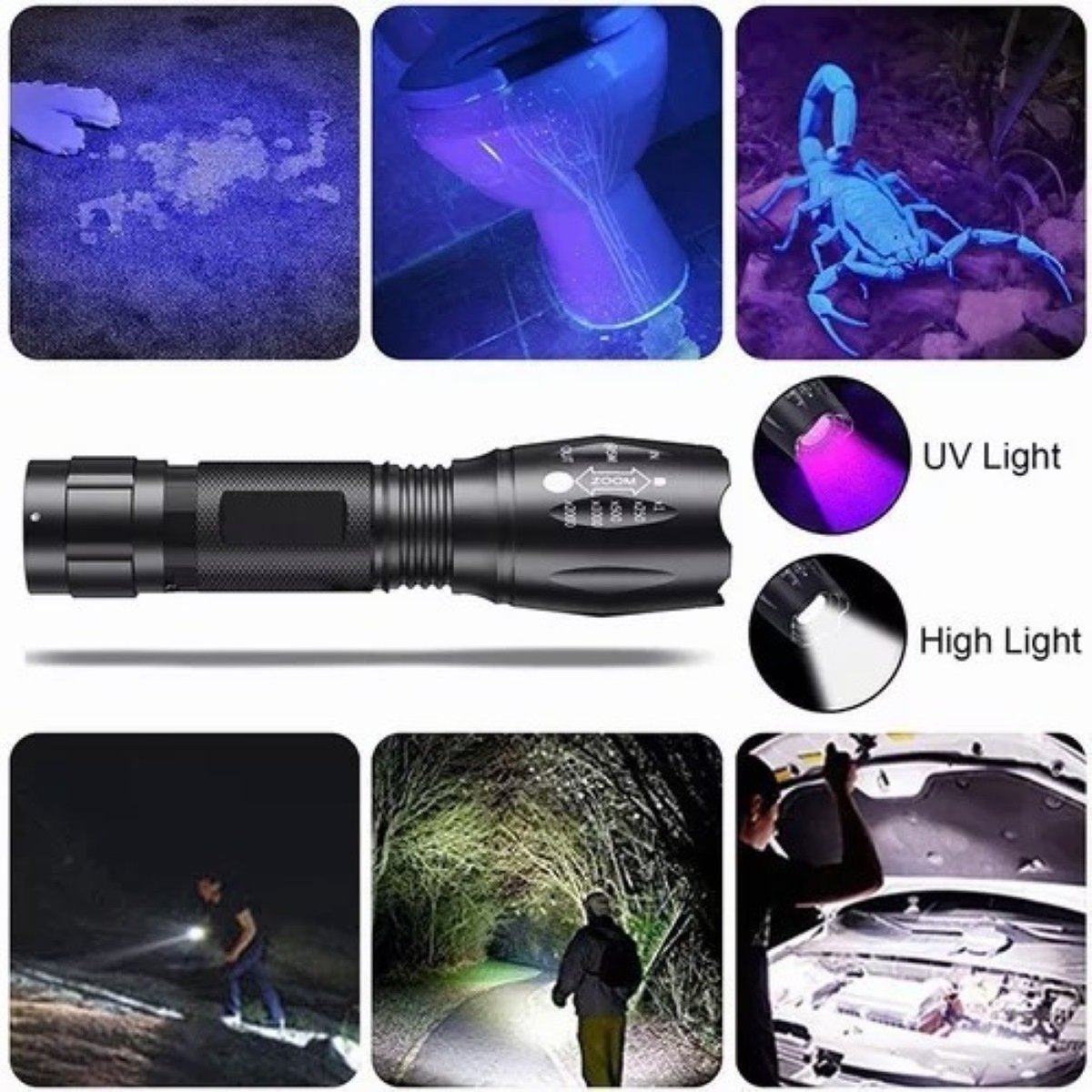 Linterna Recargable Con Luz Led Uv Negra Y Blanca 2 En 1 NEGRO