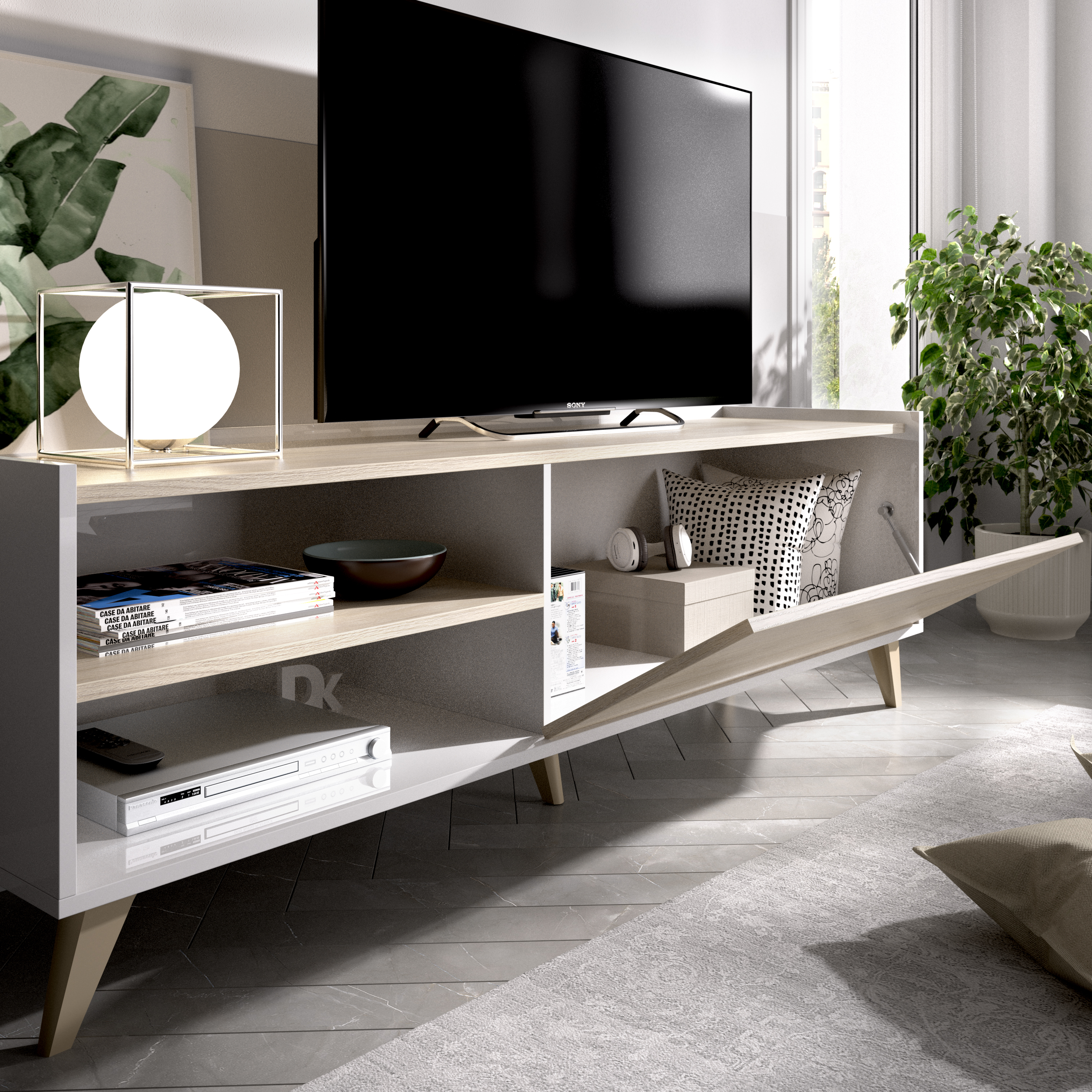Mueble de TV Color Madera y Blanco con 1 Puerta Abatible, 2 Huecos y 1 ...
