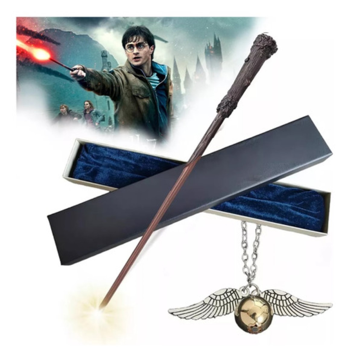 Harry Potter Glow Wand Box Set Collar Snitch Dorada