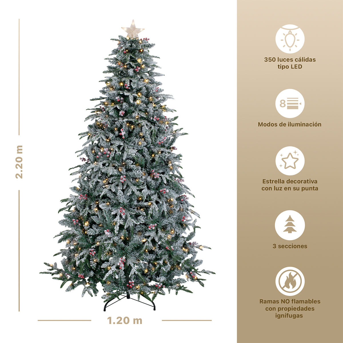 Árbol de Navidad Nevado con Luz Led Bayas y Estrella 2.2m Pino Navideño ...